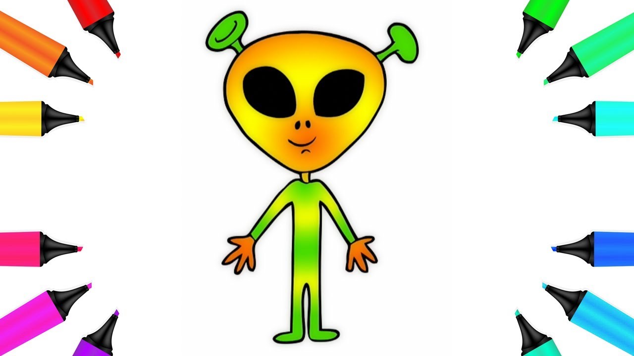 Little Martian Green Man Drawing and Coloring Page with a Magic Marker ...