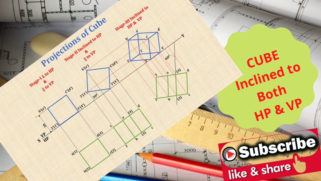 Cube @ Axis Inclined to Both HP & VP II Solid Inclined to Both HP & VP ...
