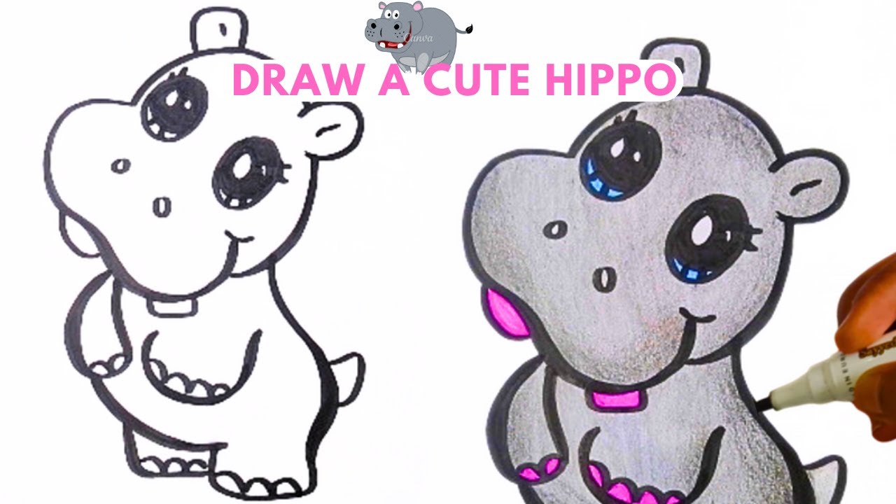 How to Draw a Cute Hippo? Step by Step drawing | Easy animals drawing ...