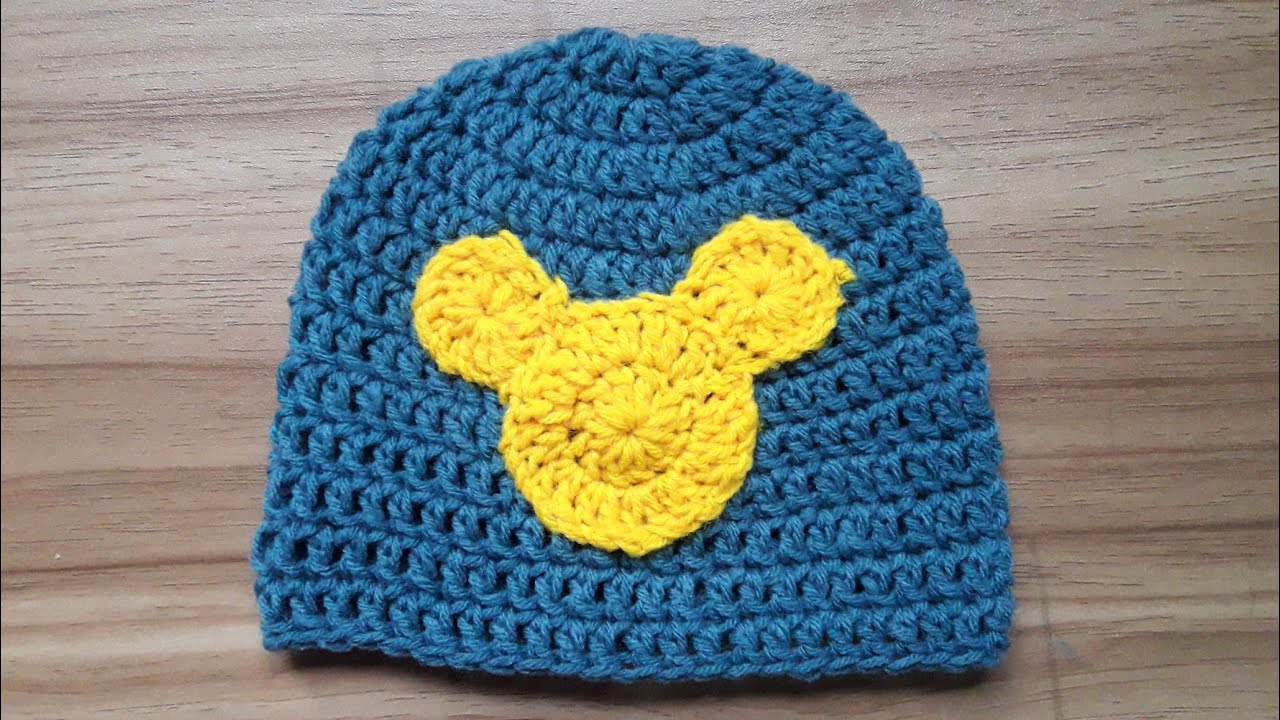 How To Crochet a Mickey Mouse Applique Baby Beanie for 3-6 months - YouTube