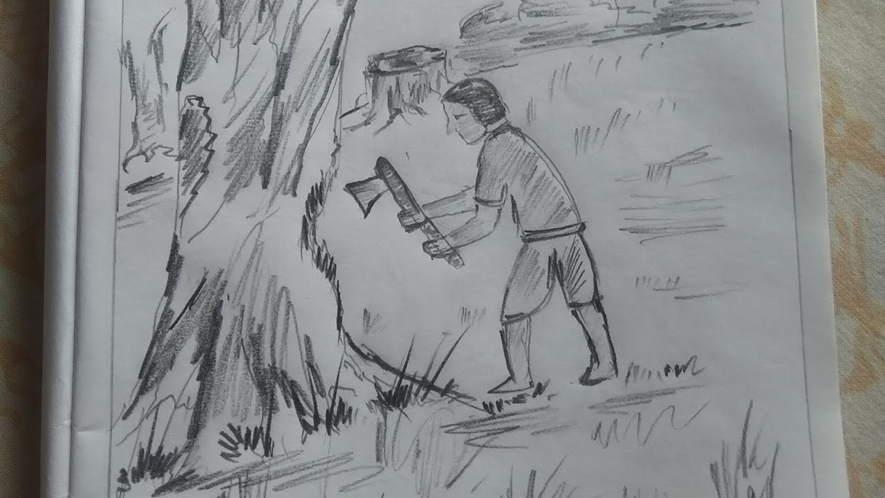 gach kata drawing | Forest tree cutting drawing| gach kata Sketch ...
