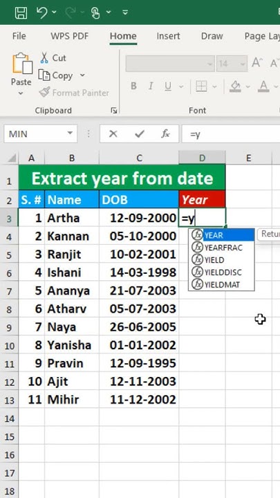 Extract year from date in excel - YouTube