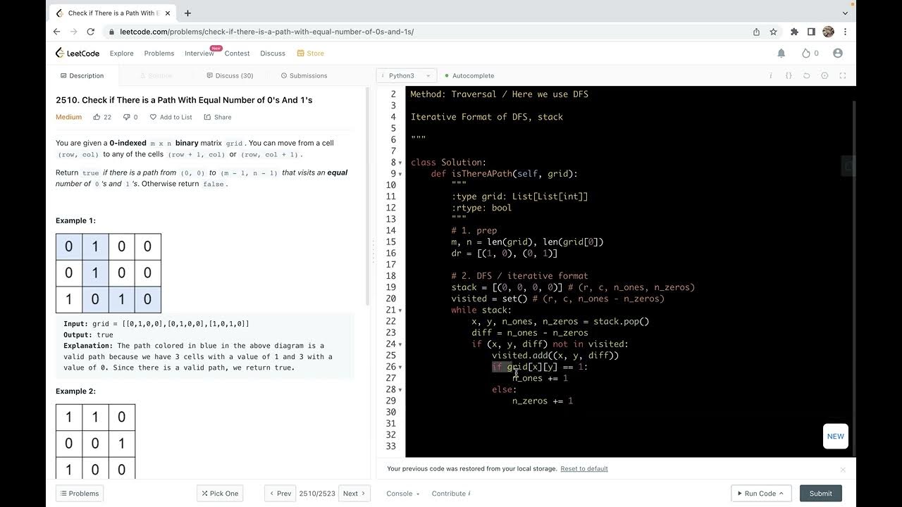 leetcode 2510. Check if There is a Path With Equal Number of 0's And 1's - Traversal (DFS ...