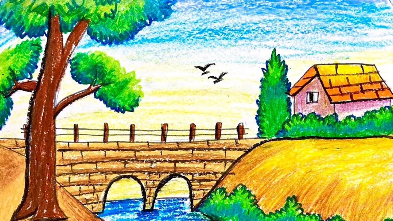 How to draw a village scenery with river and bridge , small house ...
