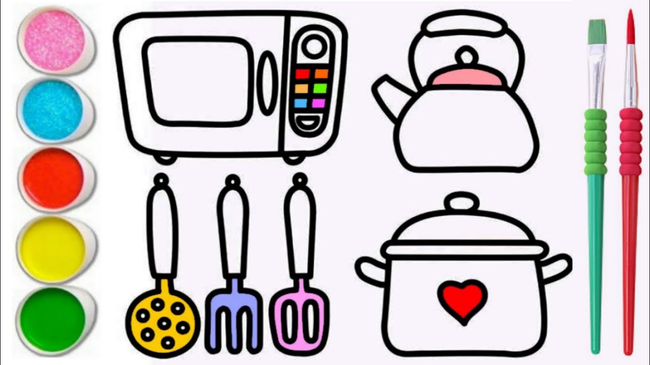 Kitchen Set Drawing For Kids | How To Draw Owen, Spoons, Kettle ,Rice ...