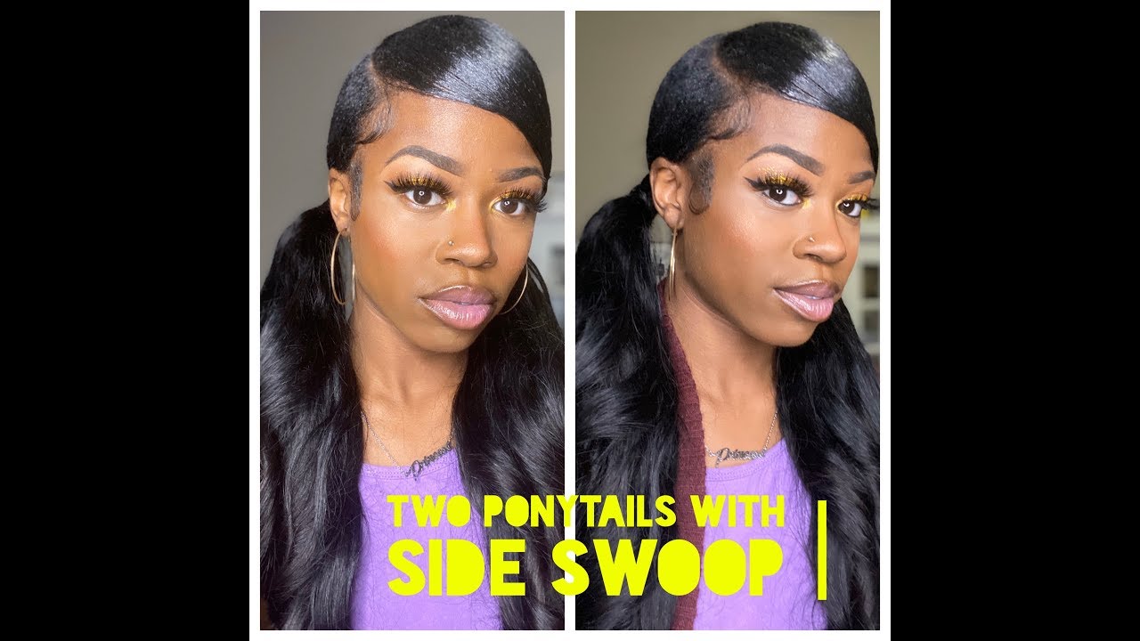 DIY 2 Ponytails & Side Swoop Bang W/ Weave - YouTube