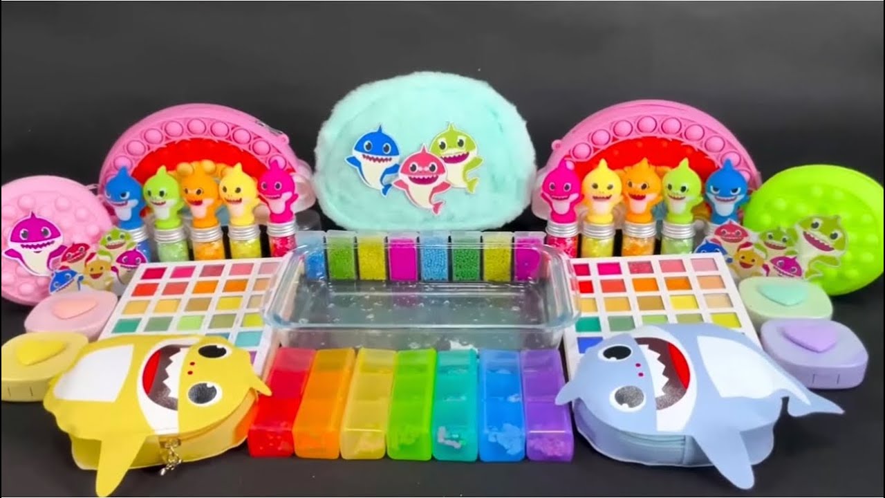 BABY SHARK SLIME !!!Mixing random intoGLOSSY slime!!!Satisfying Slime ...