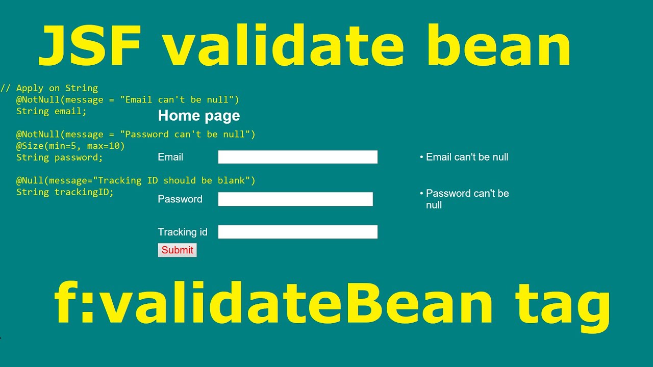 JSF BEAN VALIDATION ON STRING TYPE VALUES f:validateBean tag - YouTube