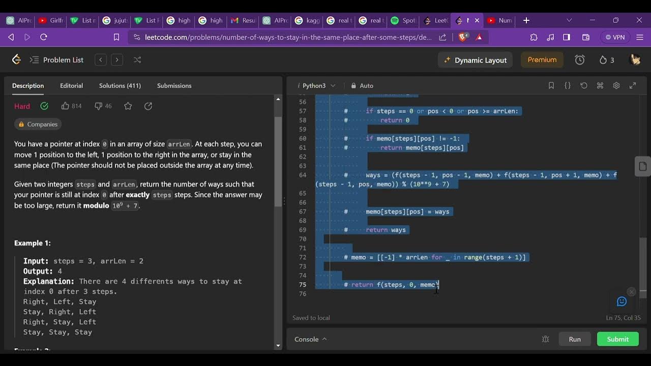 Number of Ways to Stay in the Same Place After Some Steps LeetCode Brave - YouTube