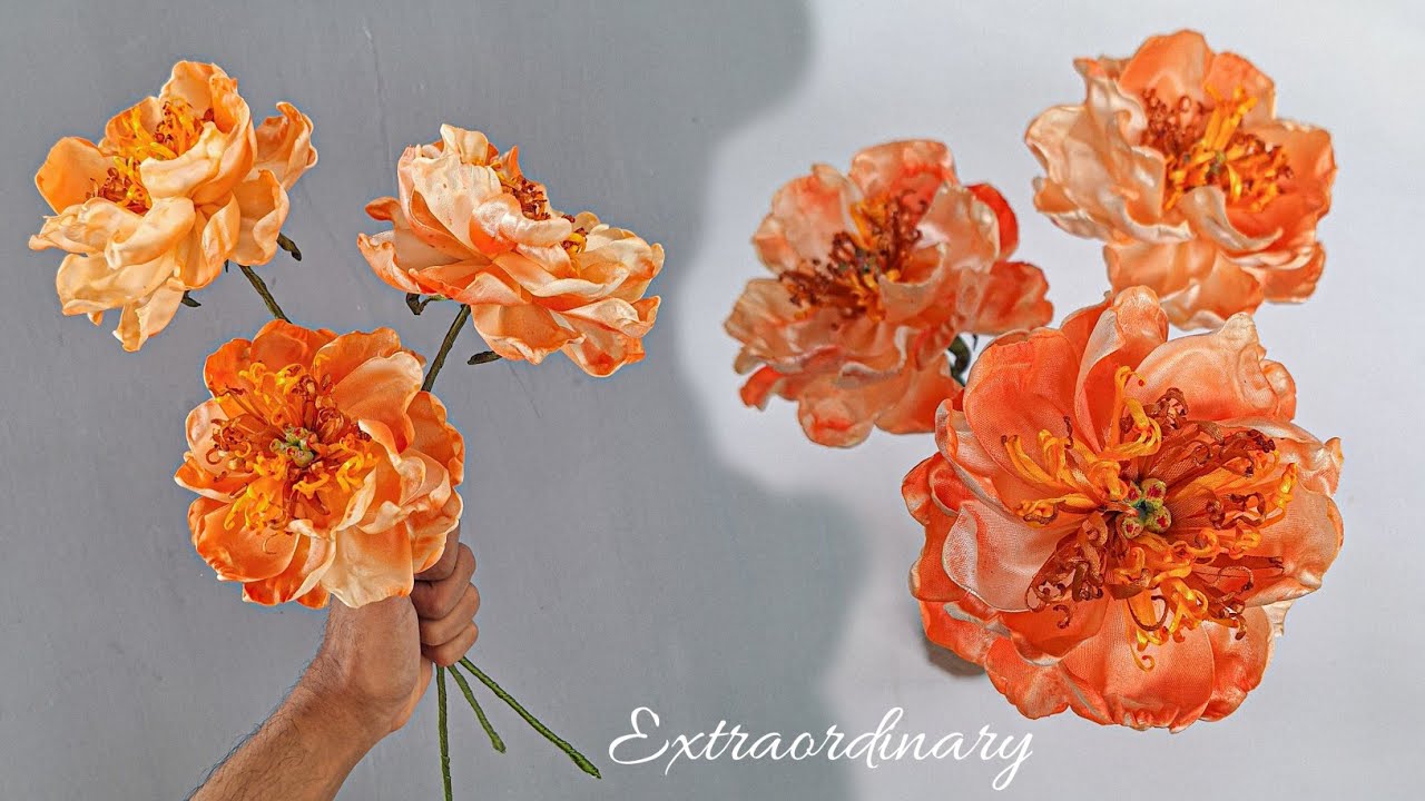 DIY, Orange Peonies | Make beautiful peonies from satin ribbon | 4K ...