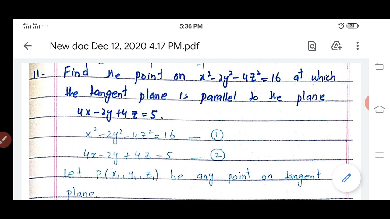 How to find point at which the tangent plane is parallel to the plane ...