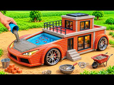 DIY Mini Tractor Build Luxury Brick Supercar House with Koi Fish Pond | Construction Science Project