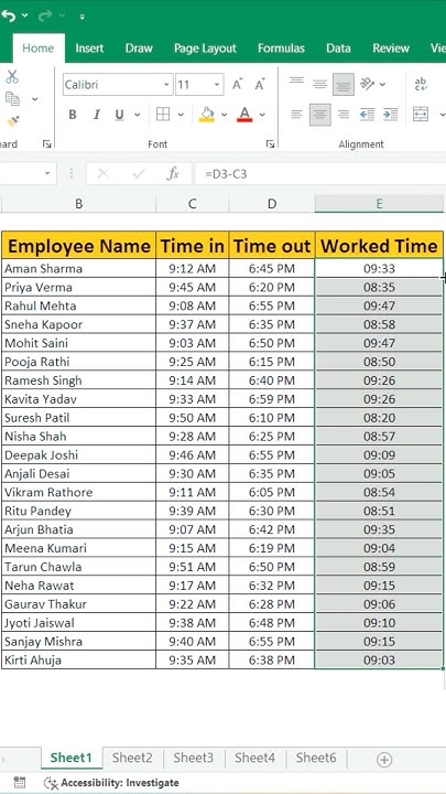MS Excel में Employee Working Hours Kaise Nikale | Easy Excel Tips in Hindi 2025#exceltips # ...
