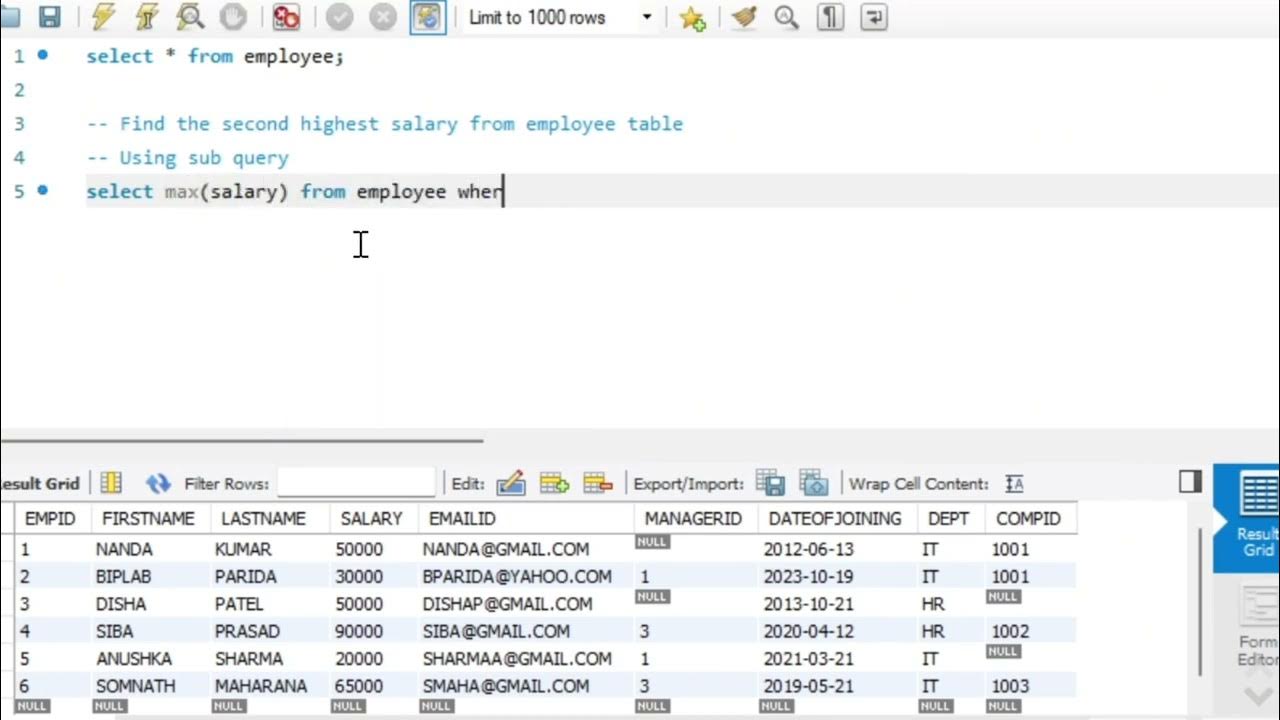 Question No 1:Find the second highest salary using Sub-query #sqlserver ...
