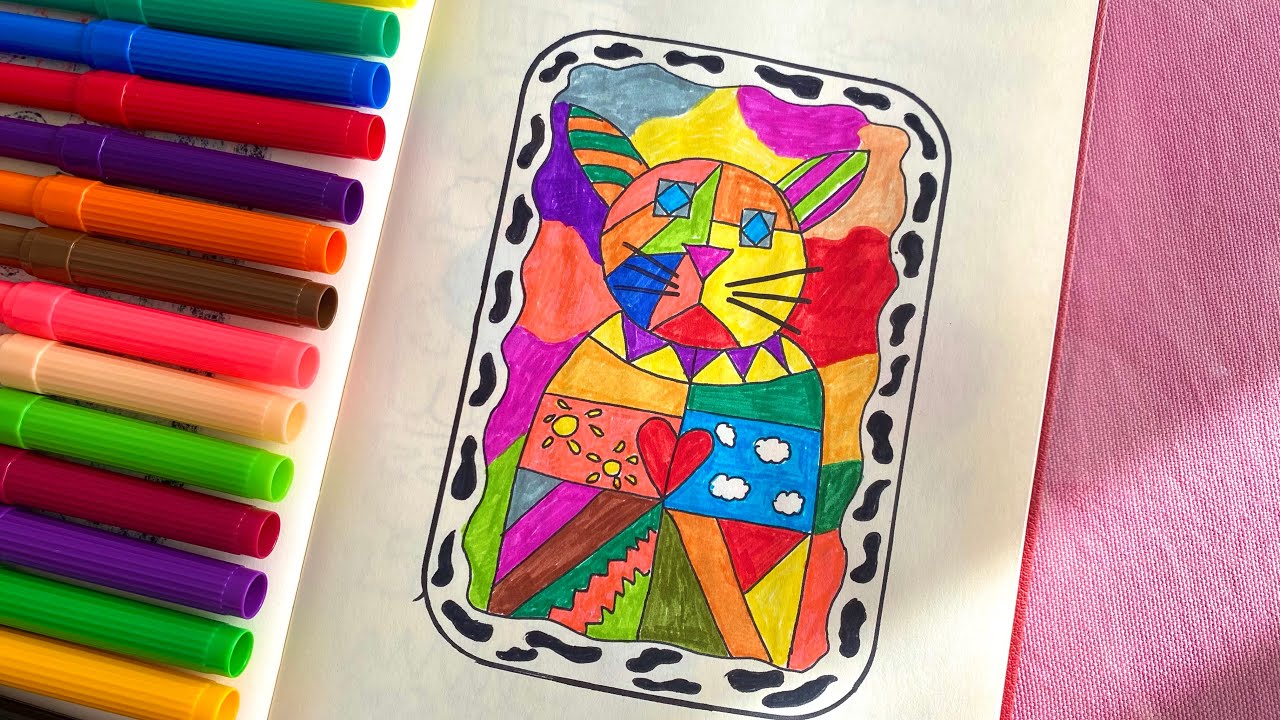 Color Cat Drawing 😻 Cubism Art 🎨 Picasso 👨‍🎨 For Beginners 🖌️ ...