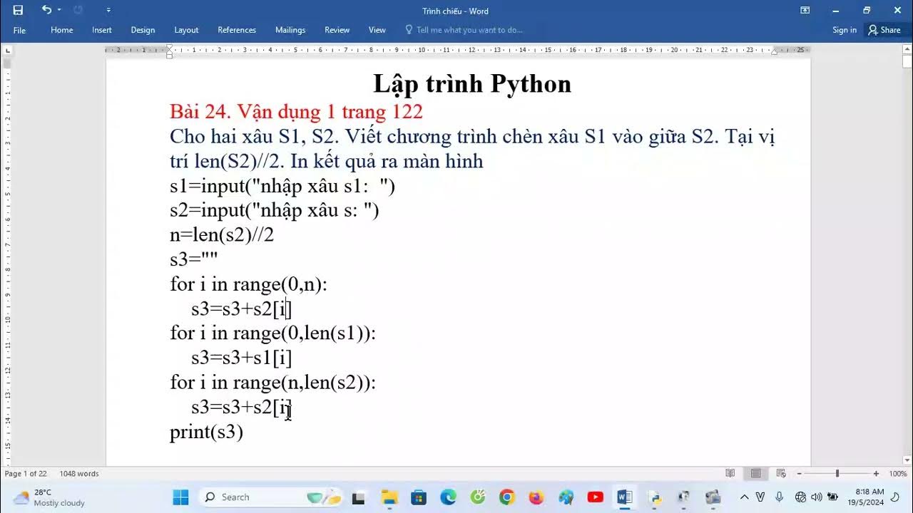 Viết chương tring chèn sâu s1 vào giữa s2 vị trí len(s2)//2 - Python Bài 24 tin 10 vận dụng 1 ...