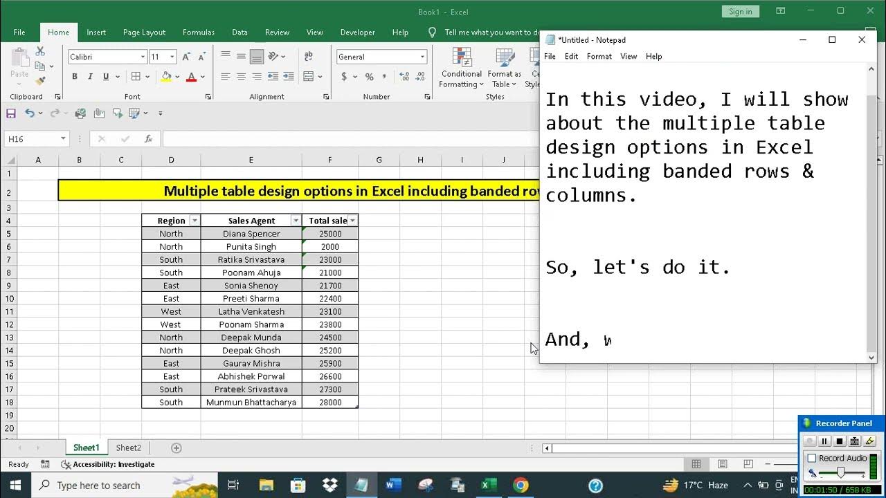 Multiple table design options in Excel including banded rows & columns - YouTube