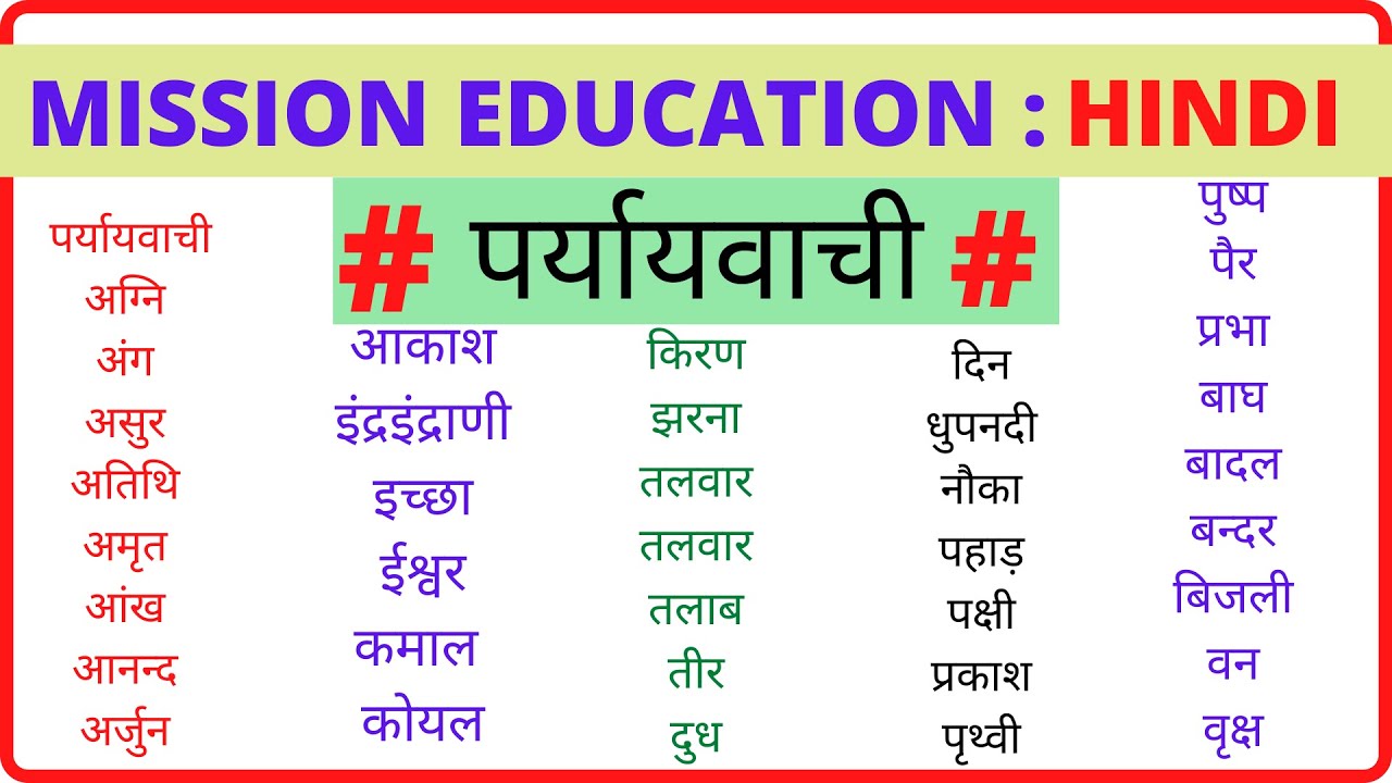 paryayvachi shabd | Synonyms in hindi || hindi grammar | पर्यायवाची ...