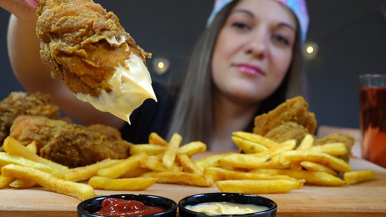 ASMR CHEESE SAUCE FRIED CHICKEN MUKBANG ATING SOUNDS NO TALKING - YouTube