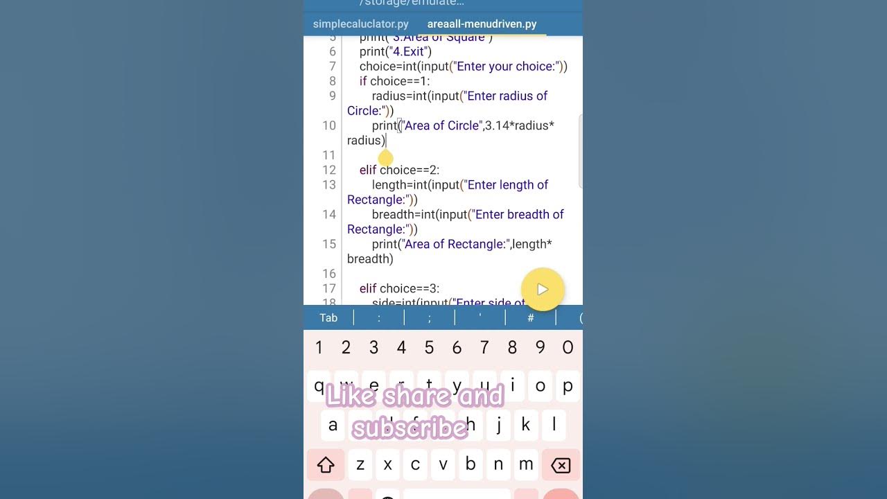 Find Area Of Circlesquare And Rectangle Via Menu Drivenpythonpythonprogrammingpythontutorial