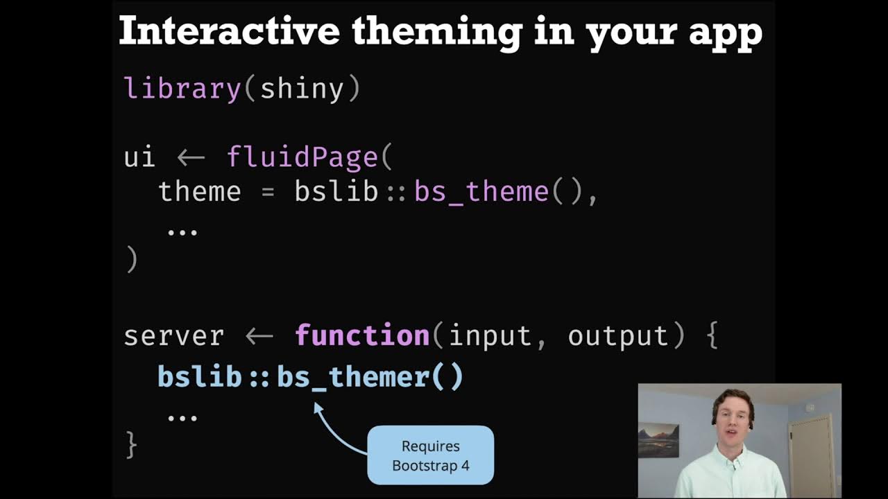 Carson Sievert | Custom theming in Shiny & R Markdown with bslib & thematic | RStudio - YouTube