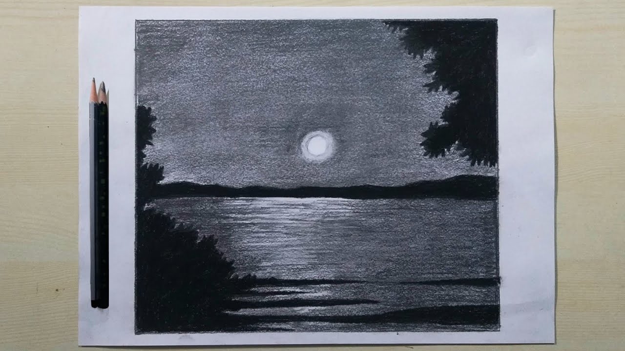 Moon light scenery drawing with pencil/How to draw easy landscape river ...