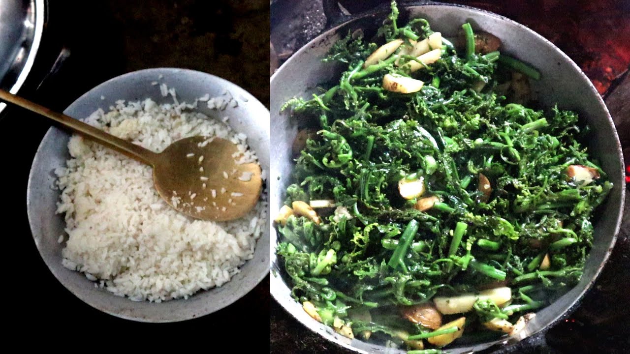 Fiddlehead Fern Curry & Rice cooking , Eating in the village || Rural ...