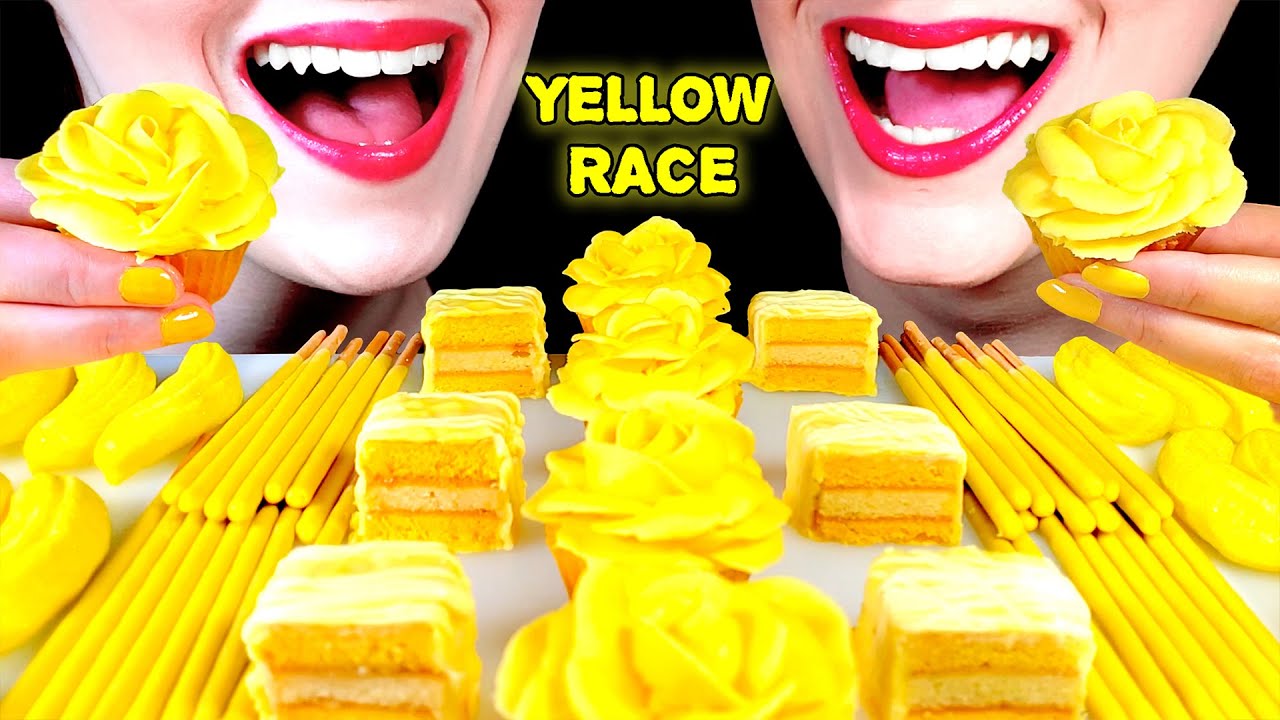 ASMR YELLOW FOOD RACE, BANANA POCKY STICKS, ROSE CUPCAKES, BANANA ...
