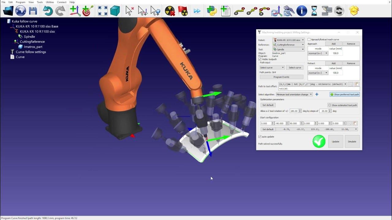 3D IGES Curve robot Follow (5 axes) - RoboDK - YouTube