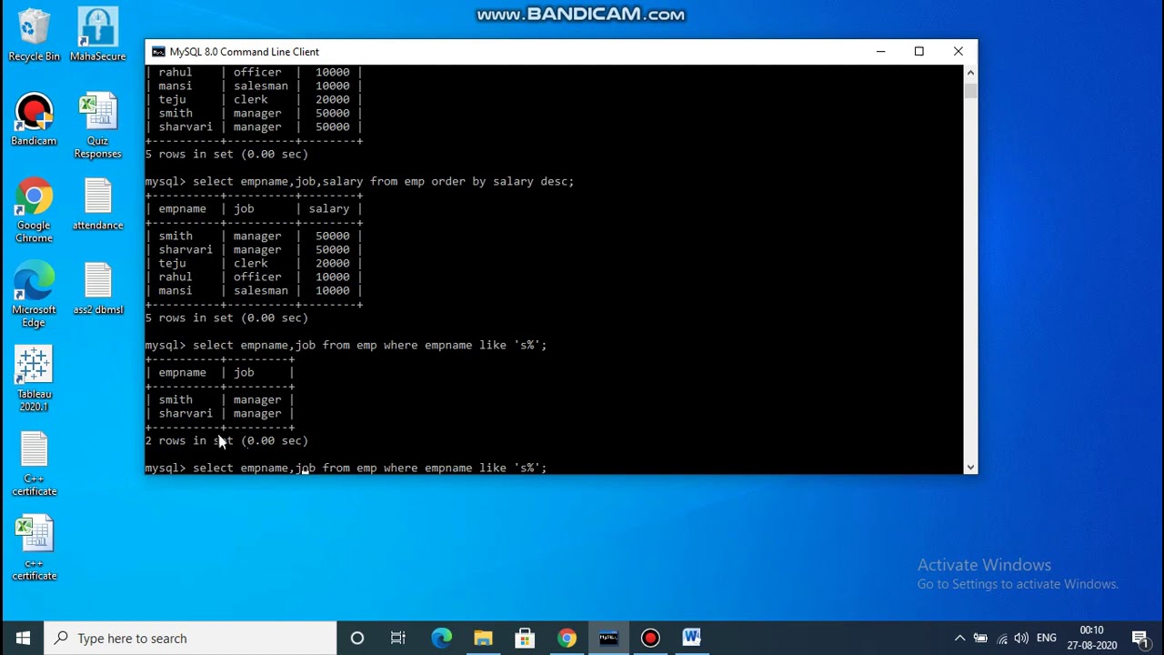 DML Queries on Emp Table by using SELECT UPDATE DELETE DROP ALTER ...