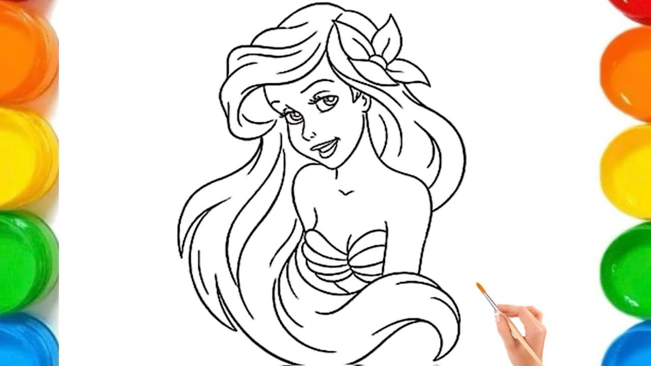 Drawing,Colouring Cute Princess Ariel|Easy step by step Ariel Drawing ...