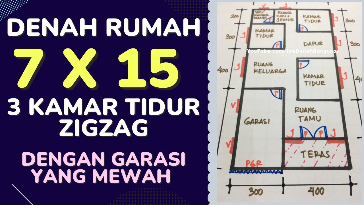 Desain Denah Rumah 7x15 3 Kamar Tidur Zigzag 1 Lantai Dengan Garasi ...