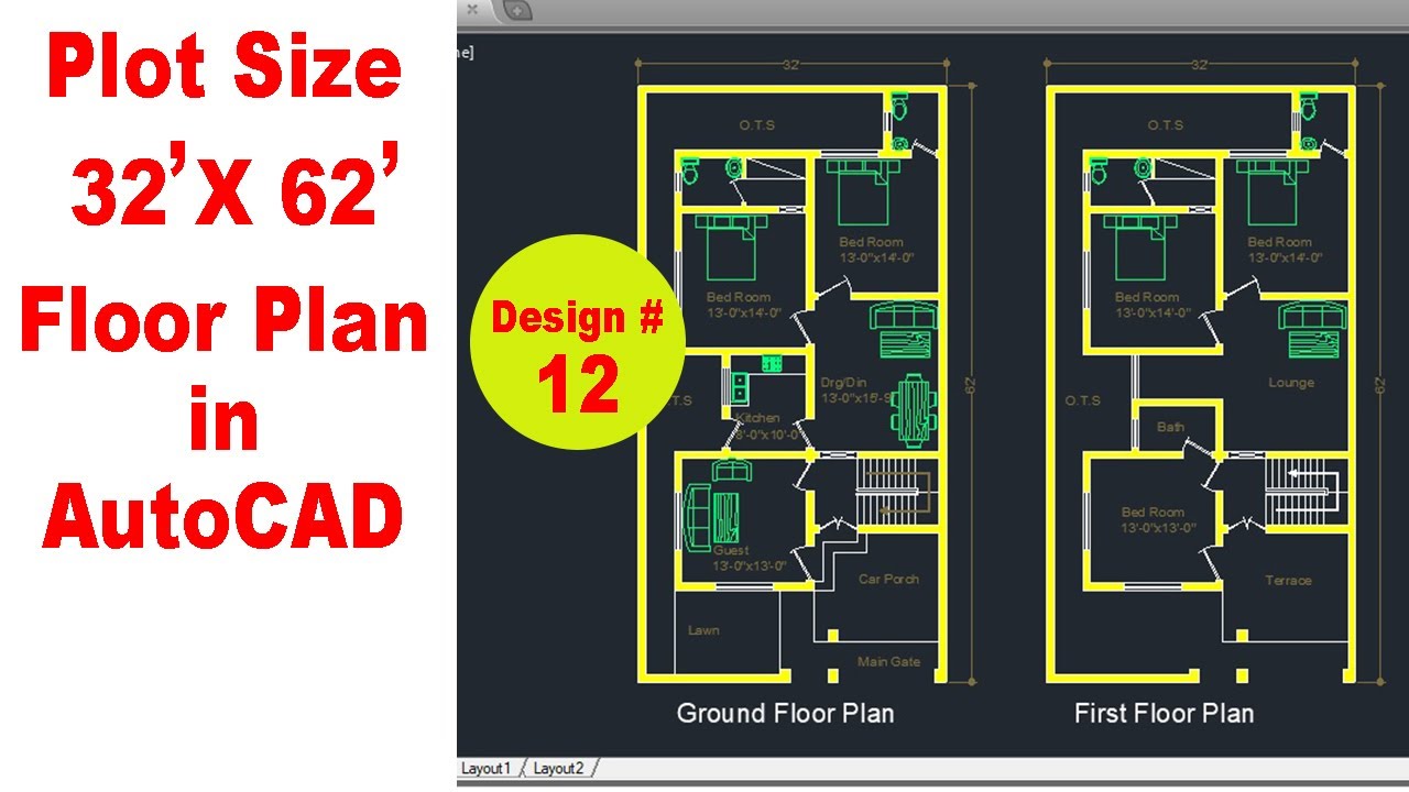 32 x 62 House design in AutoCAD 2020 || Simple Floor plans in AutoCAD ...