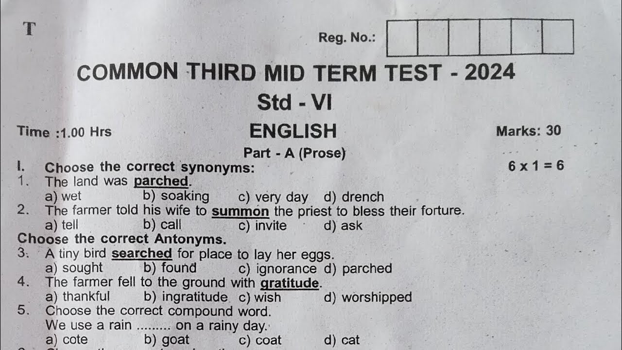 6th English Third mid-term exam original question paper 2024|9th 3rd ...