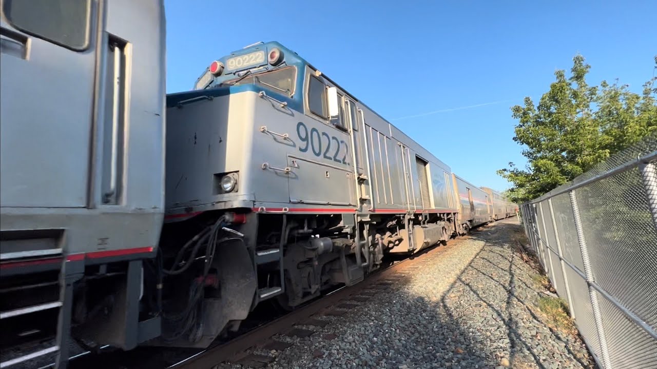 Amtrak 10 leading 5 through Sacramento with an NPCU trailing - YouTube