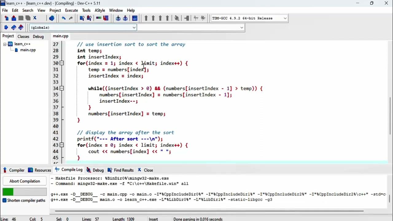 C++ 57: Insertion sort to sort numbers from smallest to largest using while and for loops - YouTube