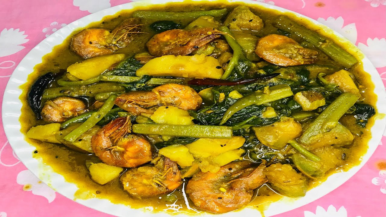 Bengali Special Traditional Recipe Pui Shak Chingri | Prawns With ...