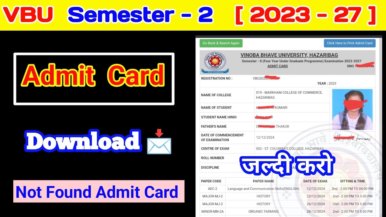 VBU Semester 2 Admit Card Download l fyugp sem 2 admit card kaise ...