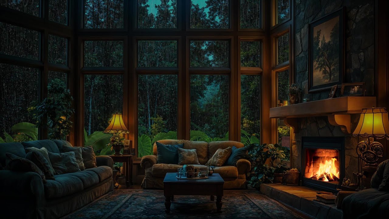 Rain Chill Forest | Gentle Rainfall on a Wooden Roof with Fireplace ...
