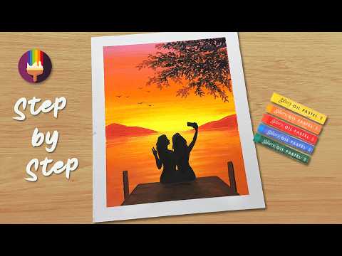 Two Girls Taking a Selfie | Oil Pastel Drawing for Beginners Step by Step