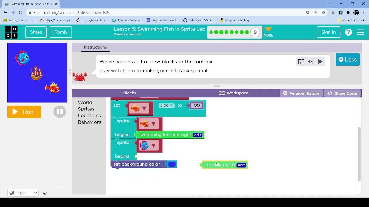 L5-9 |Code.org | Express-2021 | Lesson 5: Swimming Fish in Sprite Lab | level 9 - YouTube