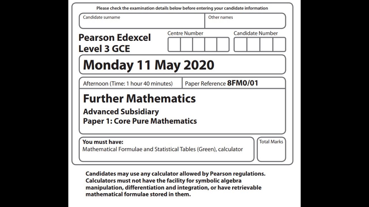 AS Core Pure 2020 Pearson Edexcel Further maths - YouTube