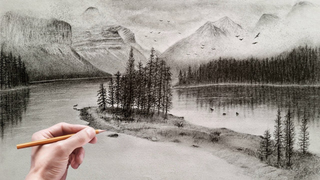 Realistic Island Drawing with pencil and charcoal Powder | Step-by-step ...
