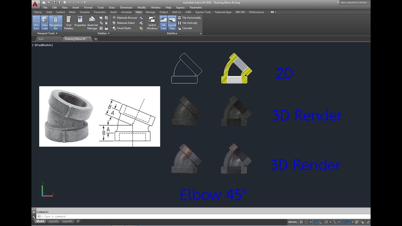 Elbow 45 3D Modeling AutoCAD 2016 การสร้าง งาน 3D - YouTube