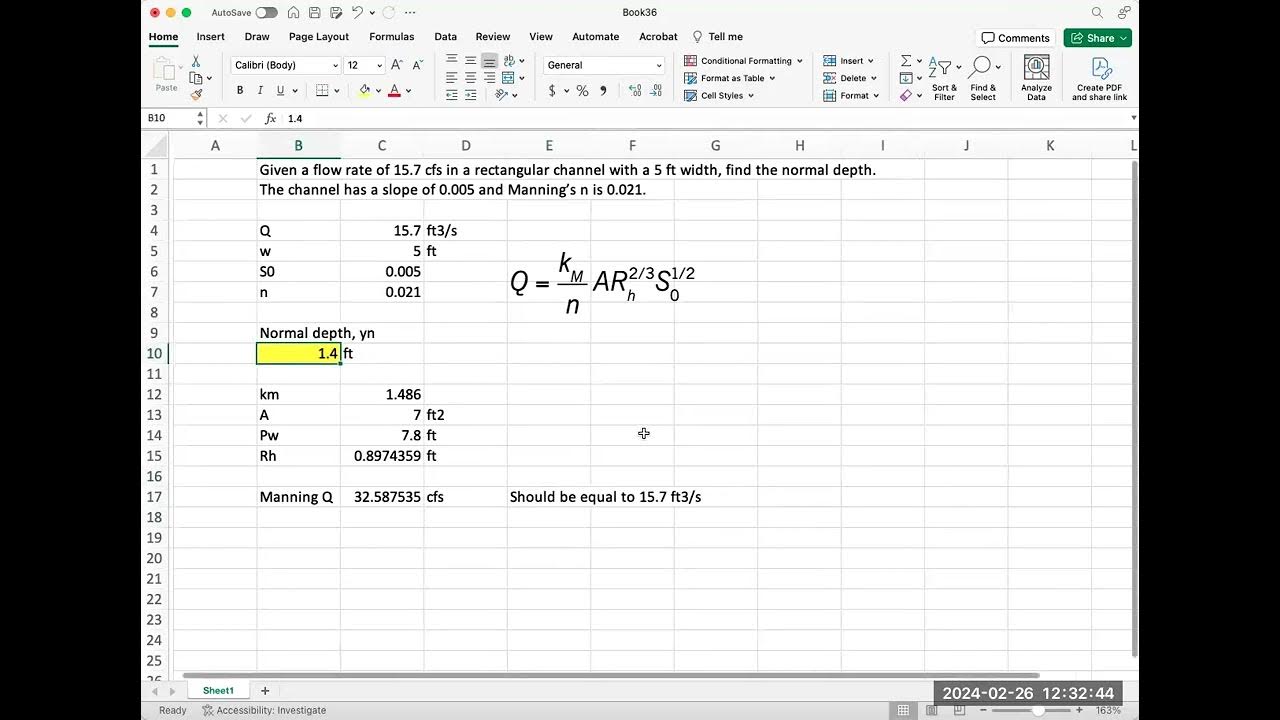 CE 351 - Solving for normal depth using Excel Solver - YouTube