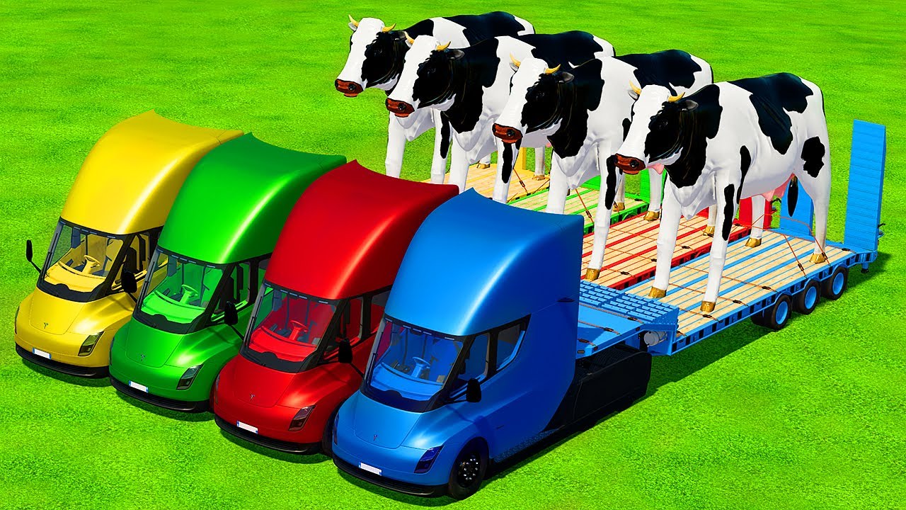 TRANSPORTING COWS & JCB TRACTORS WITH TESLA TRUCKS - Farming Simulator ...