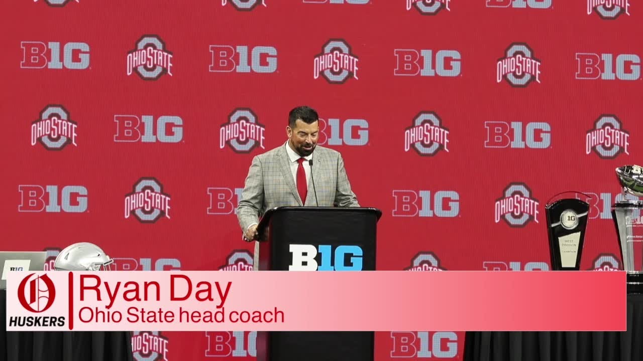 Ohio State coach Ryan Day answers questions during Big Ten football ...