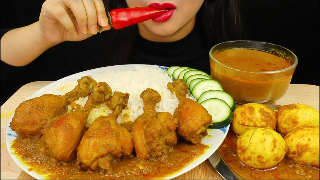 EATING SPICY CHICKEN CURRY, EGG CURRY WITH BASMATI RICE | BIG BITES ...