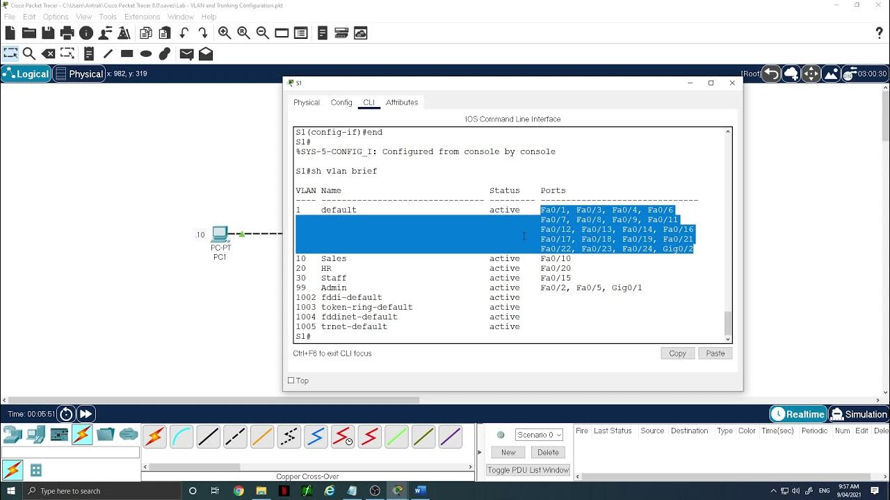 Cisco Netacad SRWE course - Lab VLAN and Trunking Configuration - YouTube