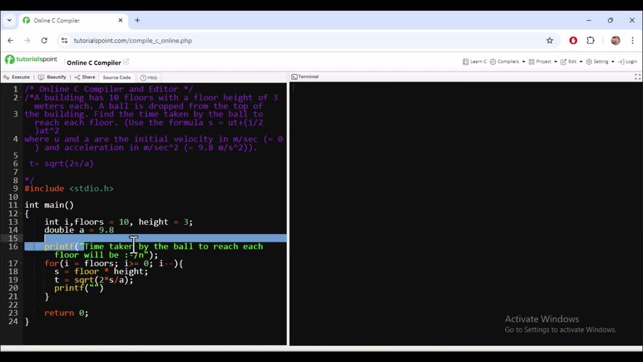 Calculate Time Taken for a Ball Dropped from a Building | C Program Explained - YouTube